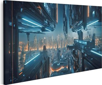 Islandburner Bild auf Leinwand Cyberpunk City Night Panorama Futuristic Tall Buildings Urban Scene Skyscrapers Bilder Wandbilder Poster