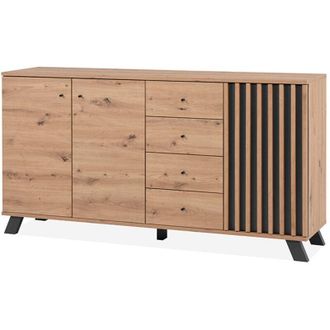 Finori Buffet Medan51C 3 portes et 4 tiroirs en ch&ecirc;ne anthracite - Dimensions L. 160 x P. 40 x H. 85 cm - Style contemporain avec pieds en MDF