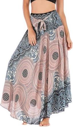 Feoya Jupe Longue Femme Été Robe Taille Haute Elastique Style Ethnique 2 en 1 Imprimé Maxi Jupe Vacances Plage Vêtements - Couleur 4