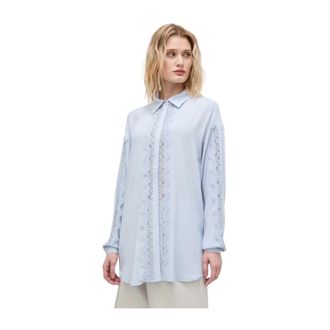 Bruuns Bazaar Hemdbluse mit Spitzeneinsatz und G&uuml;rtel - - Blouses & Shirts - Damen - Blau - S