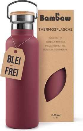 Bambaw Thermoflasche 1.l, Rote Flasche, Edelstahl Trinkflasche, Gro&szlig;e Wasserflasche, 1 Liter Thermosflasche - Kirschrot