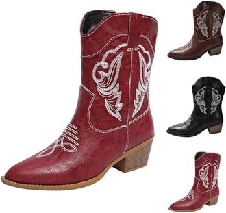 Generic Bottes de cowboy pour femme - Bottes mi-larges à talon épais - En cuir synthétique brodé - Bout pointu - Chaussures de mariage occidentales, Rouge, 38