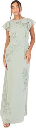Maya Womens Maxi Dress Ladies Round Neck Short Cap Sleeve Cowl Back Floral Embroidered Bead Embellished A-Line Wedding Guest, Green Lily, 34