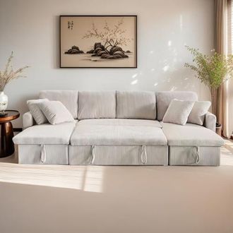 Concept Usine | Canap&eacute; Panoramique Convertible MAH&Eacute; 4 Places | Velours C&ocirc;tel&eacute; Beige | avec Coffres de Rangement | Couchage Spacieux 267x110 cm | Design Moderne et P