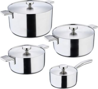 Masterpro Alessi - Set mit 3 Pfannen von 20, 24 und 28cm und 4 Deckeln von 16, 20, 24 und 28cm - Hergestellt aus Edelstahl - Ergonomische Griffe - Mit Induktion