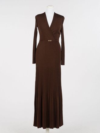 Twinset Robe midi en maille pliss&eacute;e coupe slim en viscose avec col V et ceinture