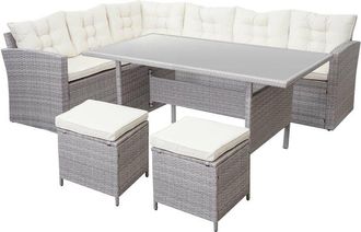 Hhg Neuwertig] Poly-Rattan-Garnitur HHG 471, Gartengarnitur Sitzgruppe Lounge-Esstisch-Set Sofa hellgrau, Kissen creme + 2x Hocker