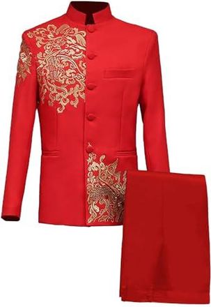 Generic Ensemble 2 pi&egrave;ces tunique chinoise brod&eacute;e &agrave; simple boutonnage col mandarin blazer coupe ajust&eacute;e pour homme, Rouge, XL