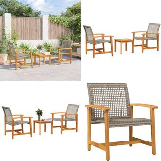 vidaXL 3-tlg. Bistro-Set Grau Poly Rattan und Akazienholz - Gartenm&ouml;bel - Bistro-Set - Outdoor-M&ouml;bel - Esstisch - St&uuml;hle - Home & Living