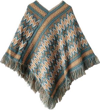 Generic Poncho en tricot pour femme - Style hippie - Doux - Frange au crochet - Cape asym&eacute;trique - Cardigan tricot&eacute; pour femme - Cape boh&egrave;me &agrave; franges - Ch&acirc;le