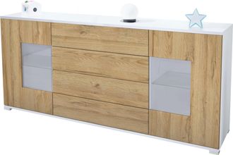 Vladon Sideboard Grömitz V2, Kommode mit 2 großen Türen und 4 Schubladen, Weiß matt/Eiche Natur (166,5 x 75,5 x 35)