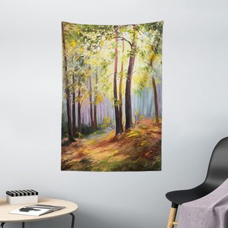 Abakuhaus Land Wandteppich, Frühling im Wald Blätter, Wohnzimmer Schlafzimmer Heim Seidiges Satin Wandteppich, 100 x 150 cm, Braun Grün