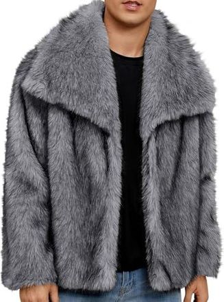 Generic Manteau dhiver chaud en fausse fourrure pour homme avec col à revers - Veste rembourrée douce et ouverte - Confortable - Solide - Manches longues, gri