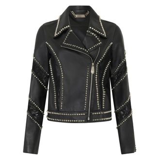 Philipp Plein Femme, Vestes, Noir, Taille: 40 FR Blouson de motard avec empi&egrave;cements en dentelle
