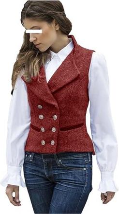 Generic Gilet OL Élégant À Double Boutonnage Pour Femmes Gilet En Laine Tweed Formel Pour Le Bureau Et Les Affaires Red M