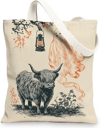 Generic Sacs fourre-tout en toile de vache Highland, motif fantôme vintage, sacs de courses réutilisables, rustiques, légers et lavables, sacs en toile pour s