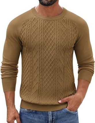 Coofandy Pull Hiver Homme Chaud Tricot Motif torsad&eacute; Business col Rond Slim fit &eacute;l&eacute;gant &eacute;pais Brun XXL