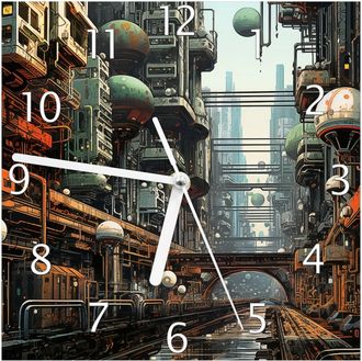 Wallario Design-Wanduhr Industriestadt in der Zukunft aus Glas, Motiv-Uhr Größe 20 x 20 cm, weiße Zeiger