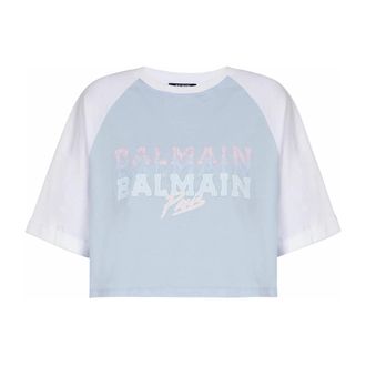Balmain Kurzes T-Shirt mit Paris-Print - - Tops - Damen - Blau - M