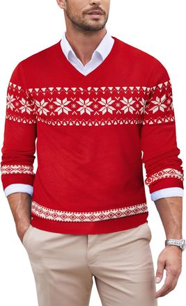 Coofandy Pullover Herren Weihnachtspullover V-Ausschnitt Strickpullover Weihnachten Pullover Pulli Winterpullover Herren Christmas Sweater Schneeflocken - Rot 