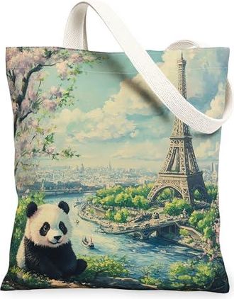 Generic Sac fourre-tout en toile motif pandas printaniers 33 x 38 cm, tour romantique, sac d&eacute;picerie r&eacute;utilisable pour femme, motif animal de voyage, d&eacute;corati