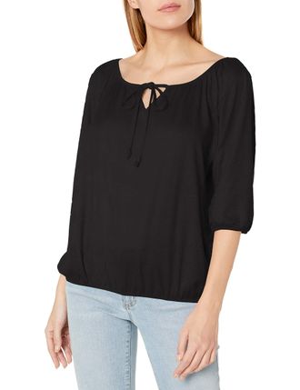 Star Vixen Damen 3/4-ärmel, Bauern-top mit Schlüsselloch-Krawatte und Elastischem Saum T-Shirt, Schwarz, Groß