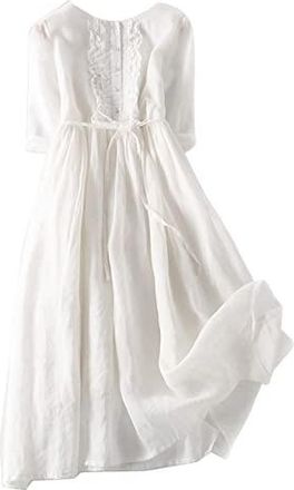 Generic Robe Mi Longue Femme Grande Taille Cotton Linen Ete Manches 3/4 Solide Loose Dress Col Rond Lacer Chic Et élégante DéContractée Légères Robes Basic Te