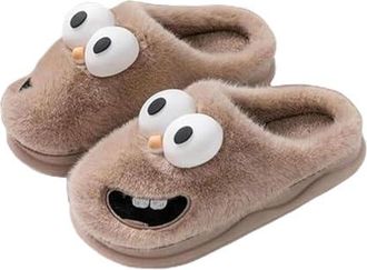 Generic Pantoufles amusantes antid&eacute;rapantes pour couple avec grand oeil et langue de chien, chaussons dhiver en polaire pelucheuse, marron, 39/39.5 EU