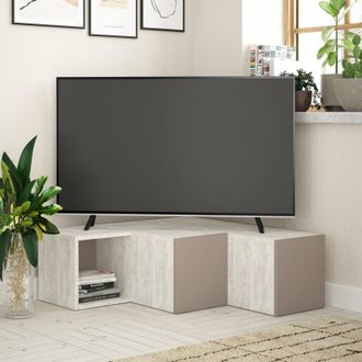 Decortie Decortie meuble TV compact moderne avec rangement centre multim&eacute;dia 94,2 cm blanc ancien gris moka salon pratique et design contemporain