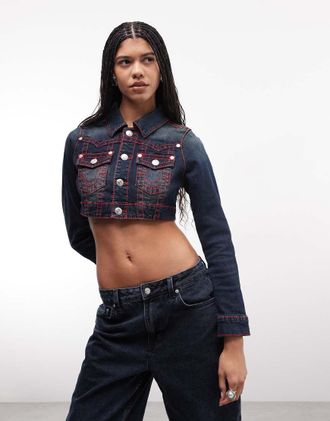 True Religion Veste en jean courte &agrave; coutures contrastantes - Bleu fonc&eacute;