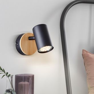 Lightbox Nature Wandspot - 15 x 11 x 8 cm - Wandstrahler mit schwenkbarem Kopf & Holz-Aktzenten - GU10, max. 10 W - aus Metall/Bambus - in Schwarz Matt/Natur