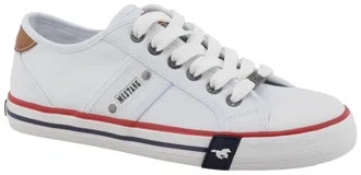 Mustang Jeans Sneaker MUSTANG SHOES Winona, Damen, Gr. 39, wei&szlig;, Baumwolle, Schuhe Sneaker, Freizeitschuh, Halbschuh, Schn&uuml;rschuh mit seitlichem Logoschriftzug