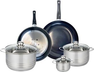 Fackelmann ELO 9739250 Batterie de cuisine 5 pièces, Ensemble de 2 Poêles de cuisson 28 et 32 cm et 3 faitouts 12, 20 et 24 cm Elo Prima Brillant, inox, inductio
