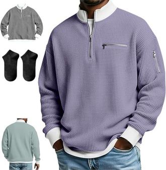 Generic Mens Casual Fashion Up Collar Contrasting Zipper Sweatshirt,Waffle Half-Zip Stand Collar Pullover Sweater,Loose Simple Top (FR/ES, Alpha/Lettres, 3TG,