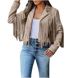 Generic Veste de moto en similicuir à manches longues pour femme, style western concert, franges, en daim, manteau court, kaki, 3XL
