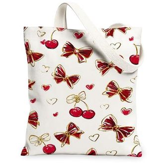 Generic Sacs fourre-tout en toile motif cerises avec noeud mignon, sacs d&eacute;picerie r&eacute;utilisables, &eacute;l&eacute;gants et l&eacute;gers, lavables, blanc, 13x15 Inch