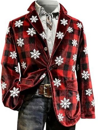Generic Blazer de Noël moche en velours côtelé pour homme - Veste imprimée - Costume de vacances festif - Coupe ajustée - Revers simple boutonnage - Imprimé a