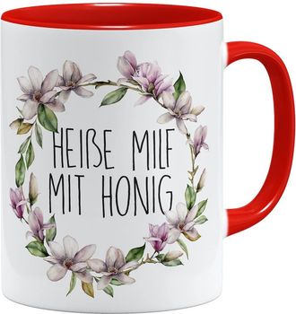 OM3 witzige Kaffee-Tasse mit Spruch - Hei&szlig;e Milf mit Honig - kitschig Blumen - Keramik Becher - 325ml - Beidseitig Bedruckt - Rot