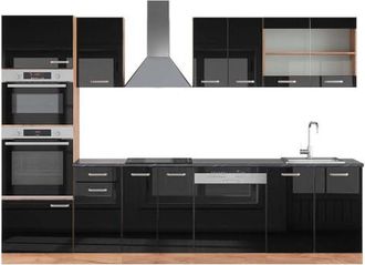 Vicco Cuisine R-Line, Noir Brillant/Ch&ecirc;ne dor&eacute;, 300 cm avec Armoire Haute, PT Anthracite