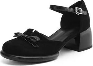 Generic Femmes Noir Faux Daim Talon Bloc Escarpins Cheville Bride Mary Janes avec Arc Bout Rond Chaussures De Robe pour Quotidien & Fête,Noir,38.5 EU