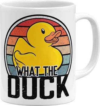 OM3 lustige What the Duck Kaffee-Tasse mit Spruch & gelber Ente - Statement - Keramik Becher - 325ml - Beidseitig Bedruckt - Weiss