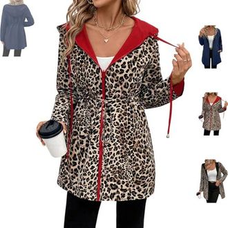 Generic Manteau &agrave; capuche r&eacute;versible pour femme avec imprim&eacute; l&eacute;opard, coupe-vent l&eacute;ger, fermeture &eacute;clair, manches longues, veste d&eacute;contract&eacute;e, cardigan &agrave; capu