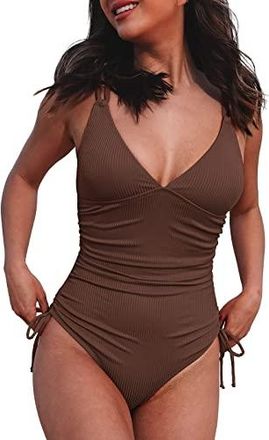 Generic Maillot De Bain Femme Gainant Et Amincissant à col en V à Coupe Haute côtelé (Brown, L)