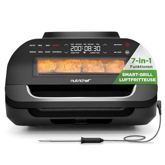 Nutrichef Indoor Smokeless Grill | Smart Grill & Hei&szlig;luftfritteuse mit 7 Kochfunktionen | 6L Kapazit&auml;t | Inklusive Smart-Thermometer | Pr&auml;zise Temperaturkontrol