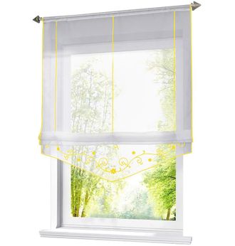 Liya 1 St&uuml;ck Voile Raffrollo mit Stickerei Tunnelzug Raffgardine Transparent Vorhang (BxH 100x140cm, Gelb)