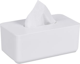 Relaxdays Tücherbox mit Bambus-Deckel, für Bad, Taschentuchbox, modernes Design, HxBxT: 10x23x13 cm, Kunststoff, weiß