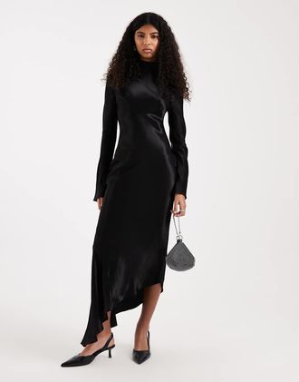 Asos Robe longue en satin coup&eacute; en biais &agrave; ourlet asym&eacute;trique - Noir