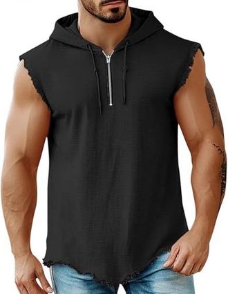 Generic Gilet &agrave; capuche avec fermeture &eacute;clair 1/4 pour homme, gilet sans manches en coton et lin, gilet &agrave; capuche pour sports de plein air, gilet l&eacute;ger et ten