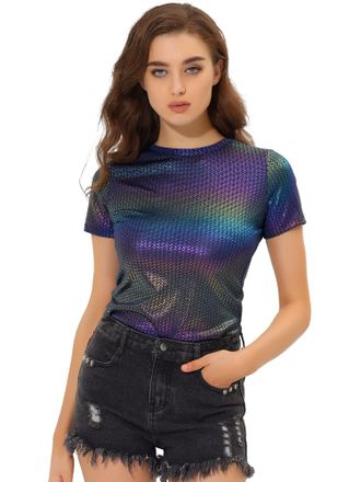 Allegra K Damen Party Metallic Strukturiertes Kurzarm Gl&auml;nzendes Multicolor TopDunkelblau XX-Large