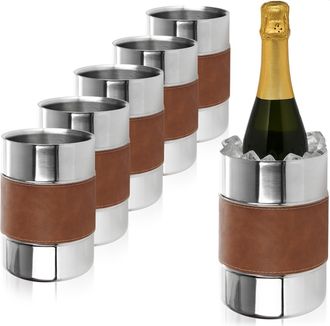 Com-Four 6x Sektkühler mit Kunstleder-Band - Flaschenkühler für Sekt und Wein - Eiswürfelkübel aus Edelstahl - doppelwandiger Eiswürfeleimer mit 10 cm Innendur